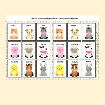 Jeu de memory animaux à imprimer de 2 ans à 10 ans